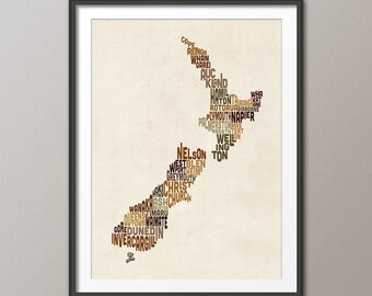New Zealand Map Typography Map Poster Print Text Map - Etsy UK