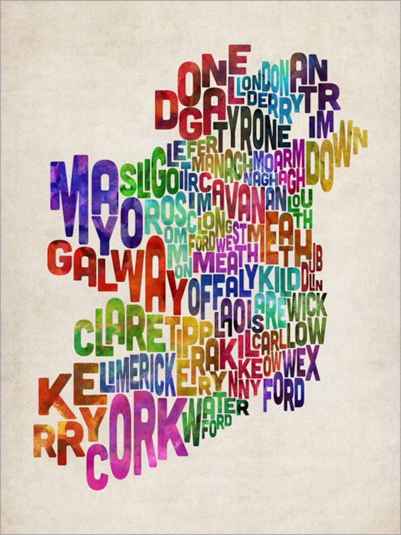 Ireland Eire County Text Map Art Print 224 - Etsy