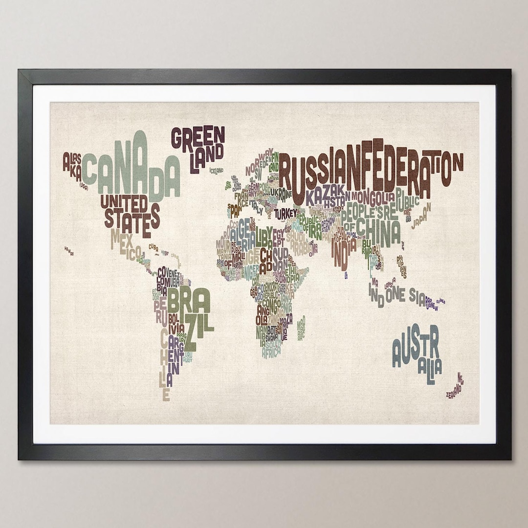 Typographic Text Map of the World Map, Art Print (782) - Etsy