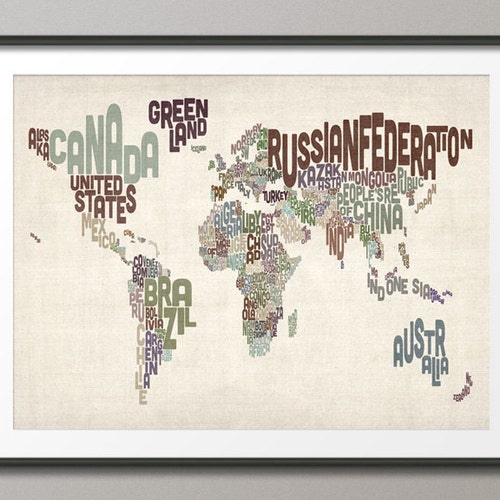 Typographic Text Map of the World Map Art Print 889 - Etsy Israel