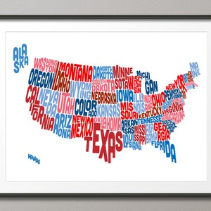 United States Typography Text Map Art Print 208 - Etsy