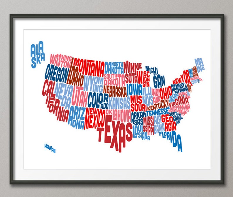 United States Typography Text Map Art Print 208 - Etsy United States Typography Text Map Art Print 208 - Etsy