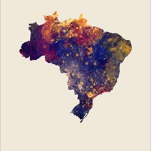 Brazil Map, Watercolour Art Print Poster, Colour, Black White, Beige ...