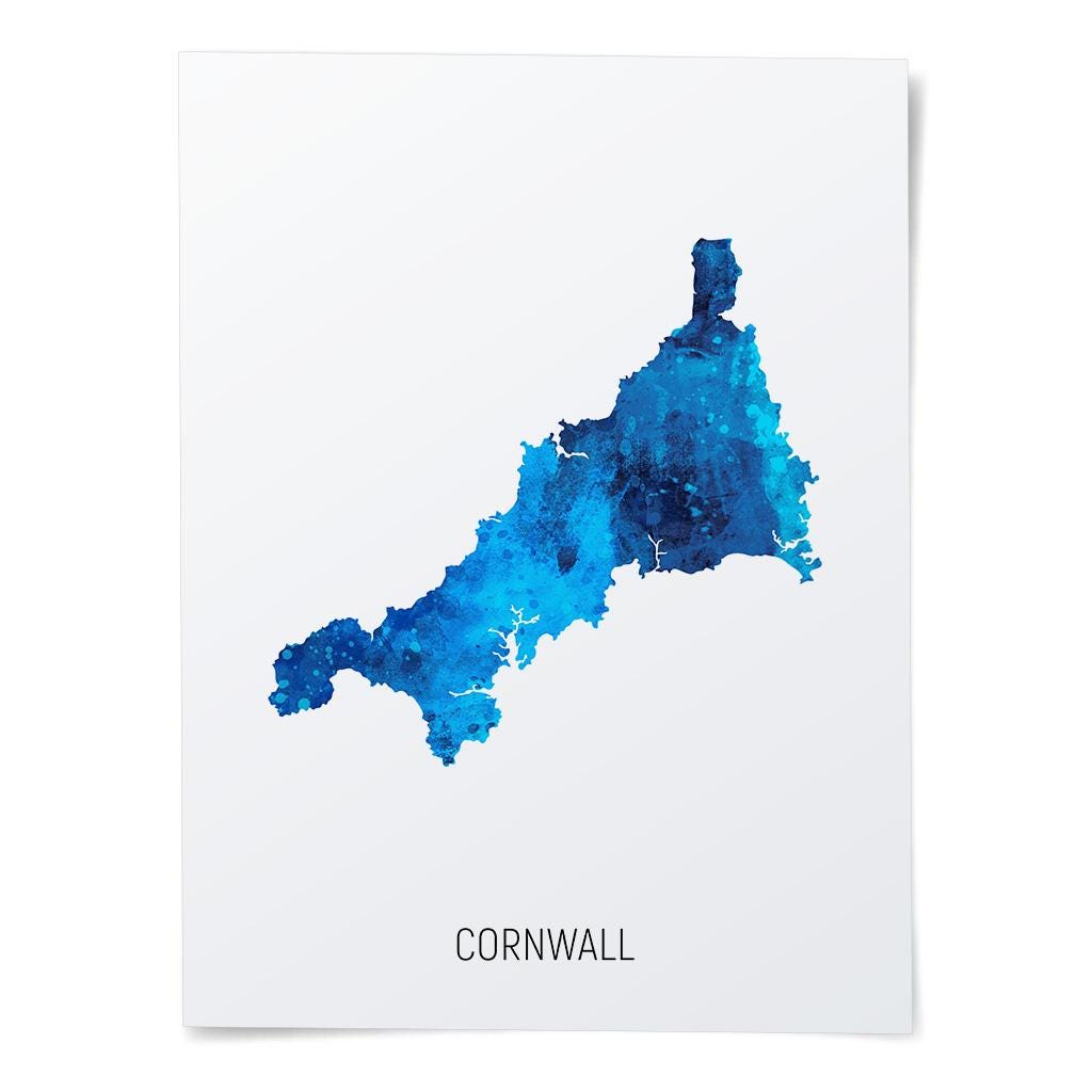 Cornwall Map, Watercolour Painting Art Print Poster, Portrait - MX ...