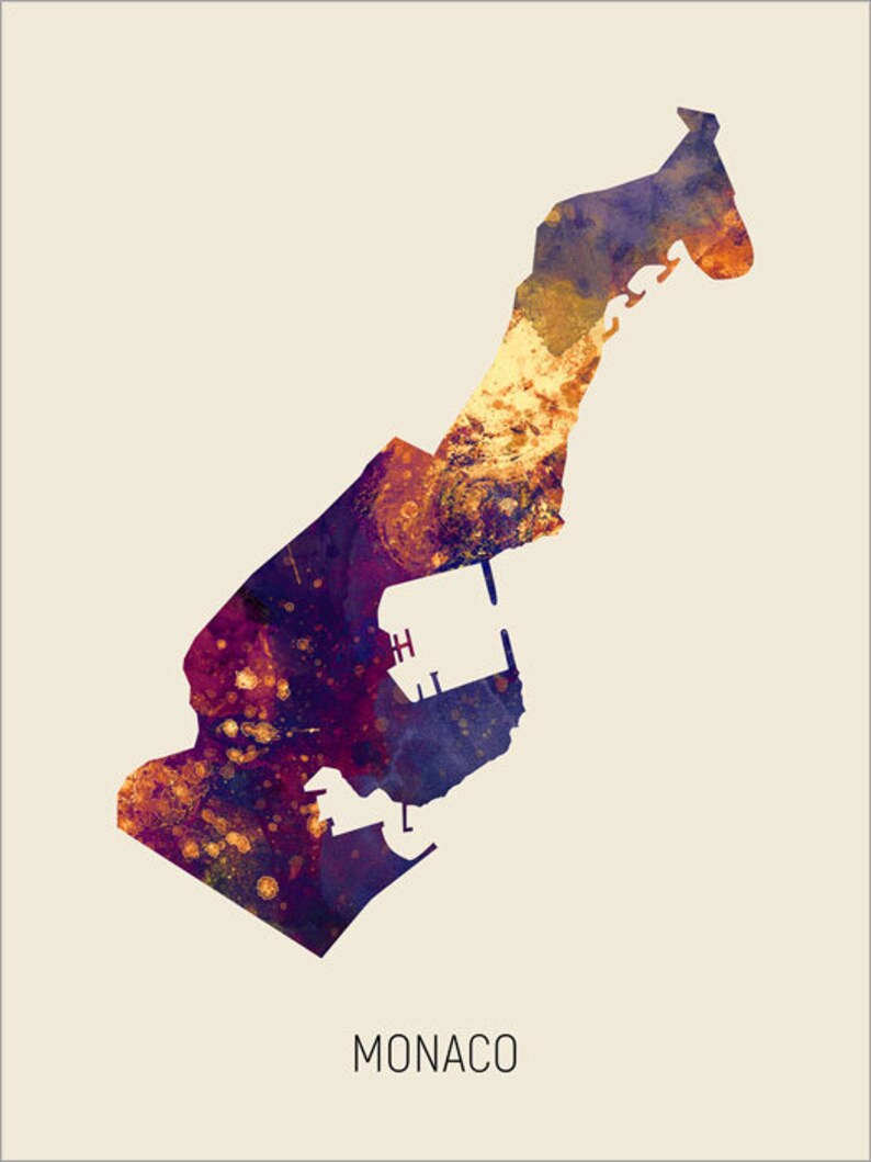 Monaco Map Watercolour Art Print Poster Colour Black White | Etsy