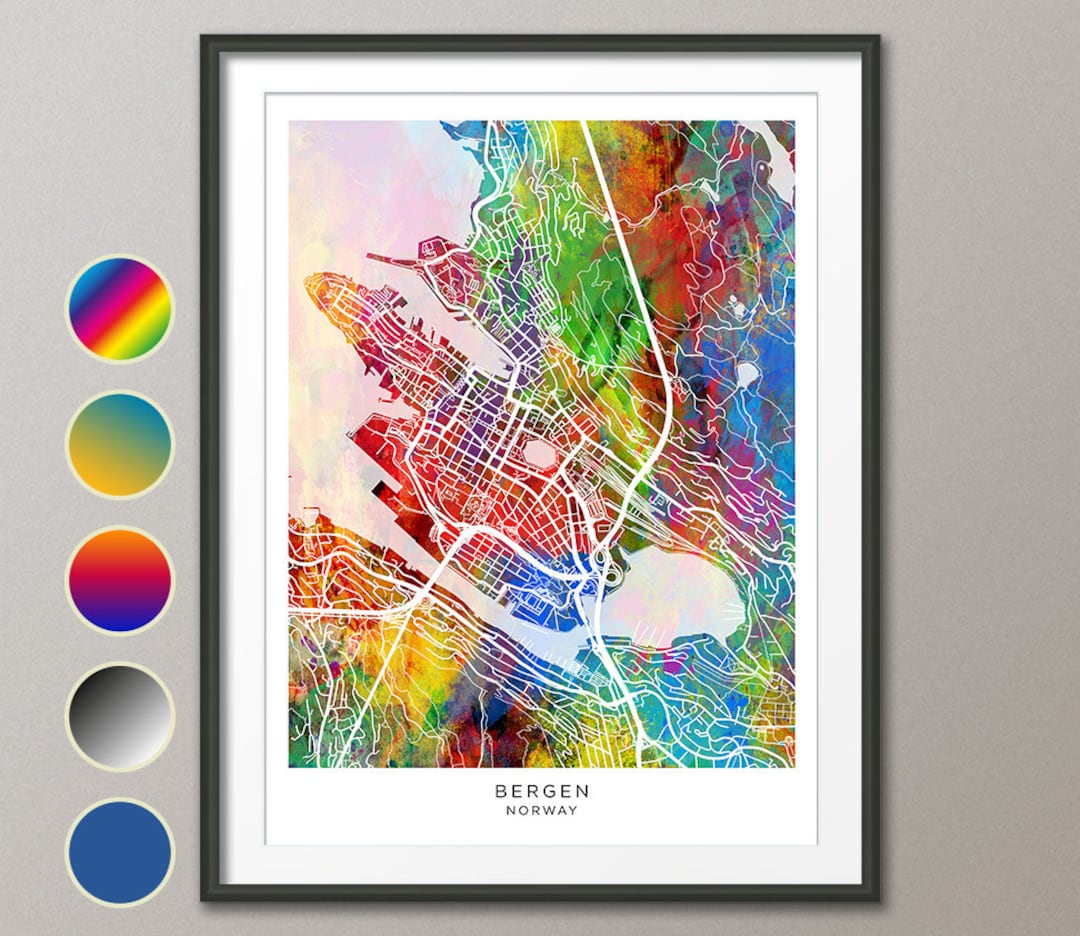 Bergen Map, Norway City Map, Watercolour Art Print Poster (31261) - Etsy