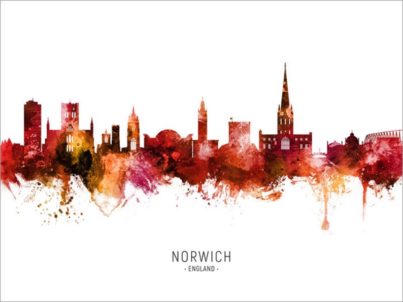 Norwich Skyline England Cityscape Art Poster Print Blue Red | Etsy