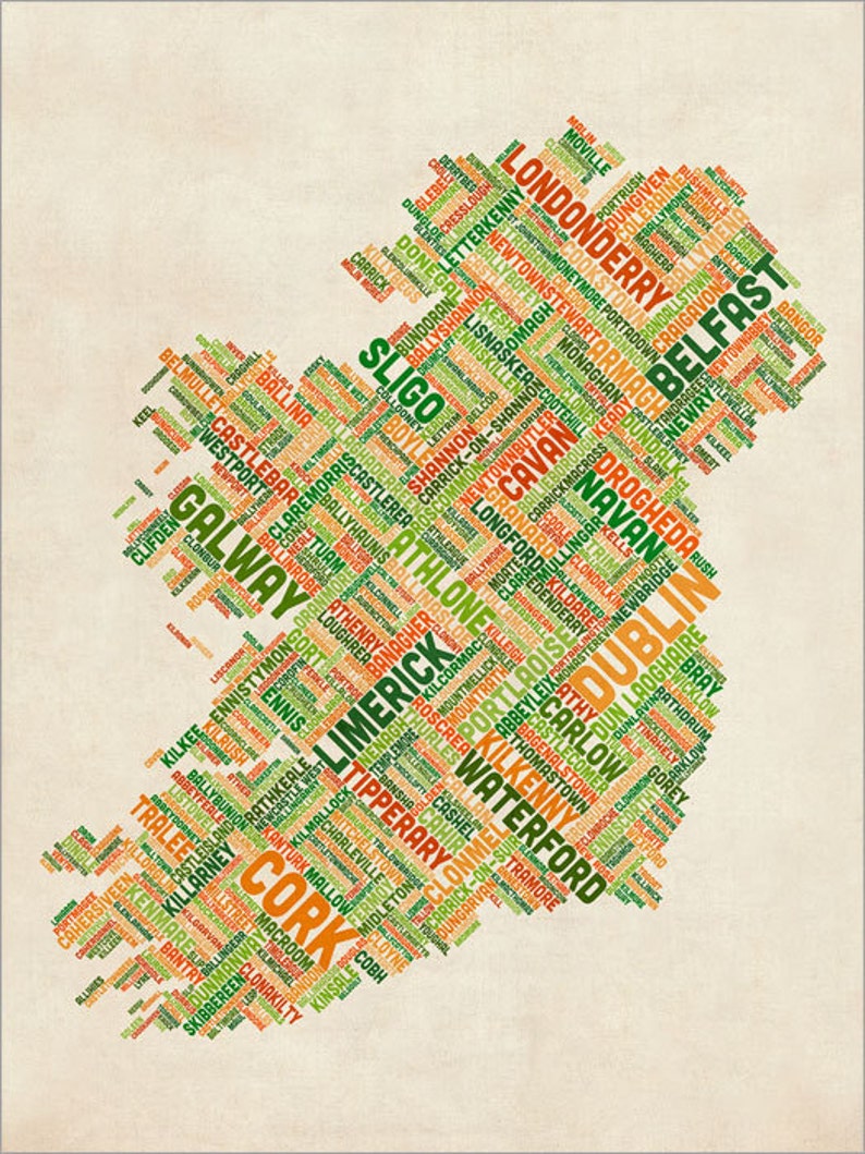 Ireland Eire City Text Map, Art Print (309) - Etsy