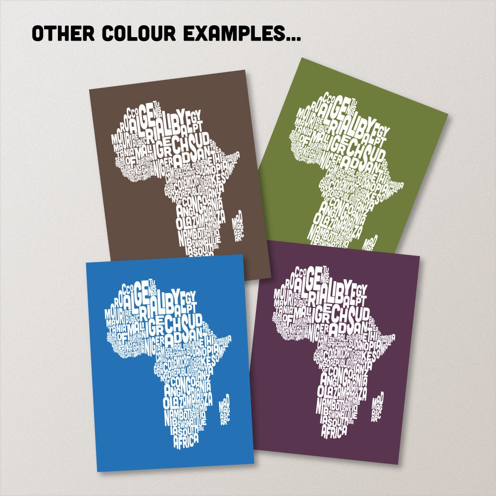 Typography Map of Africa Map Text Art Print Color Options - Etsy