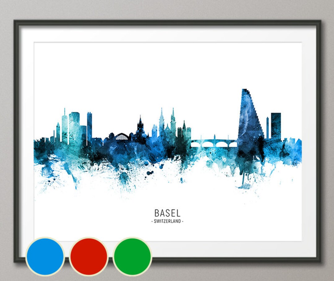 Basel Skyline Switzerland, Cityscape Art Poster Print Blue Red Green ...