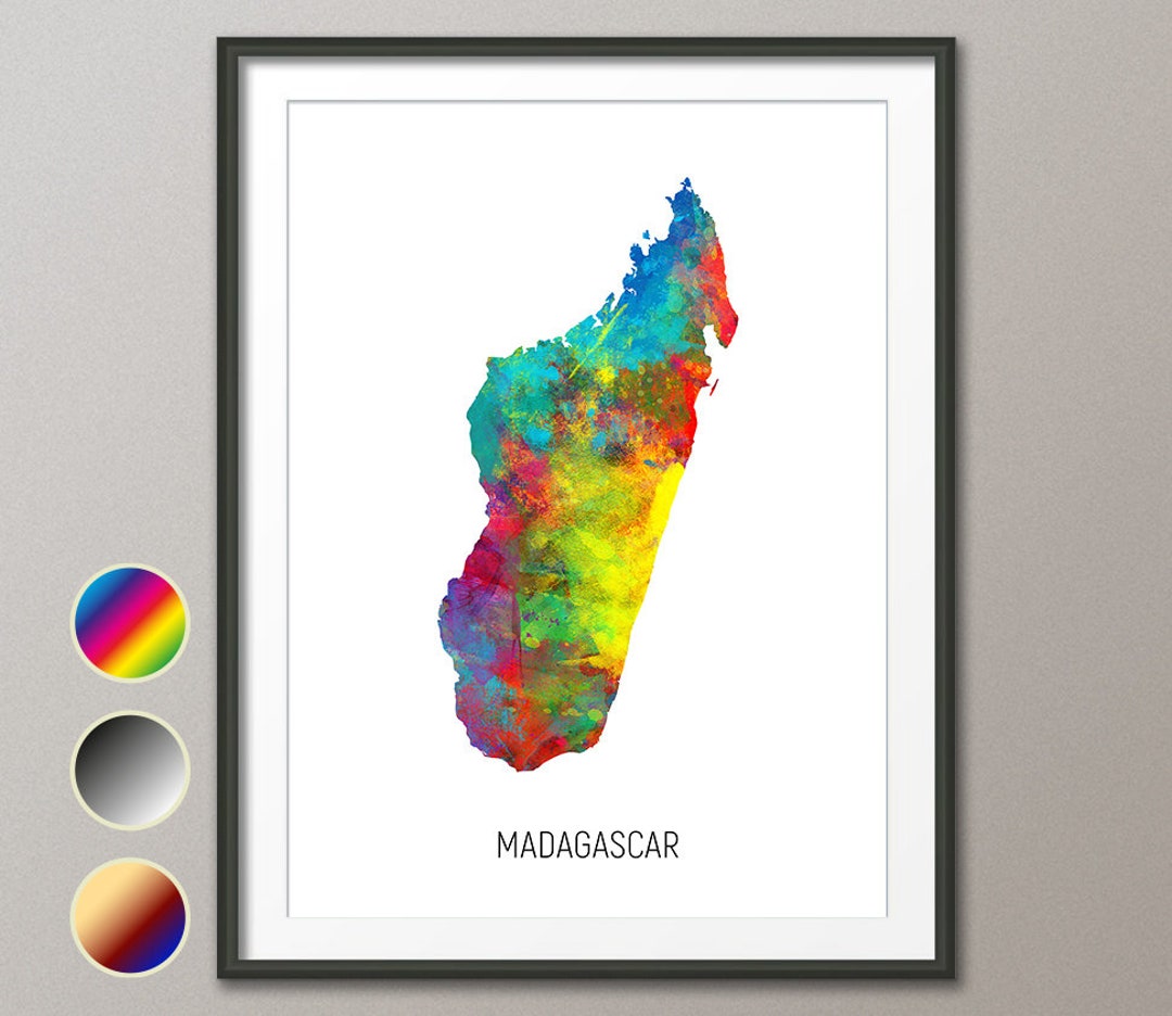 Madagascar Map, Watercolour Art Print Poster, Colour, Black White ...