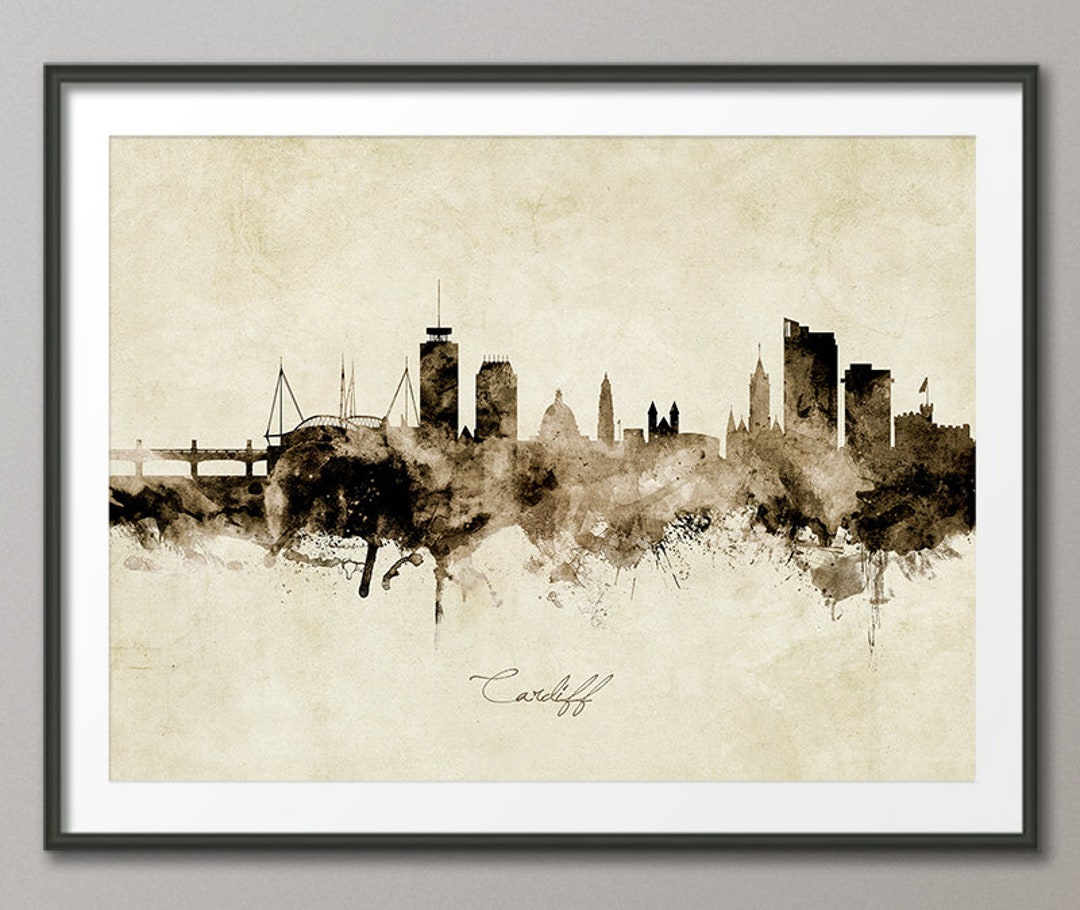 Cardiff Skyline Wales, Cityscape Art Print Poster Vintage Sepia (9045 ...