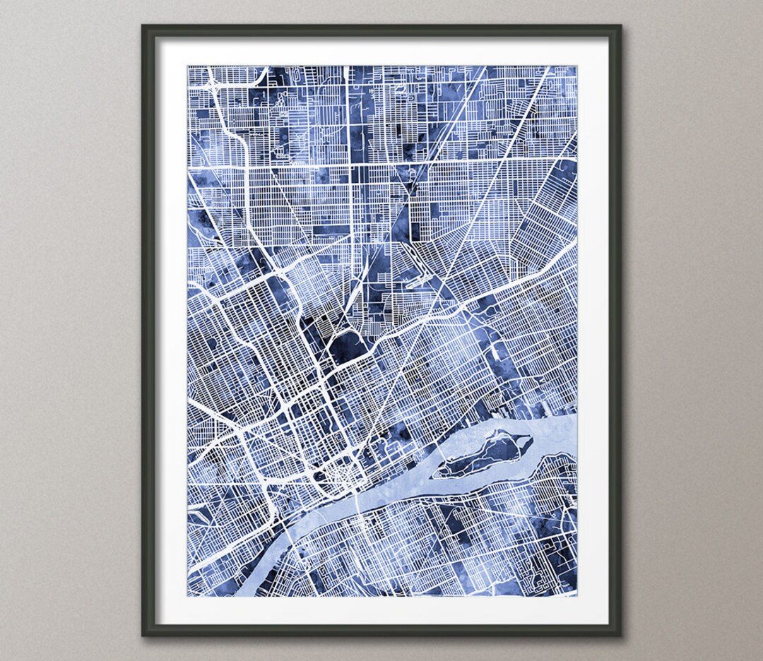 Detroit Map, Detroit Michigan Watercolor Map Painting Art Print Poster ...