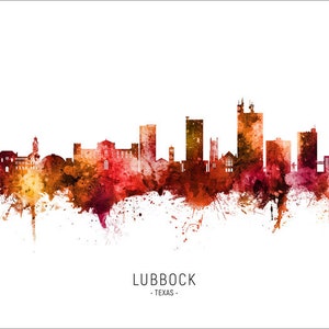 Lubbock Skyline Texas, Cityscape Art Poster Print Blue Red Green 20843 ...
