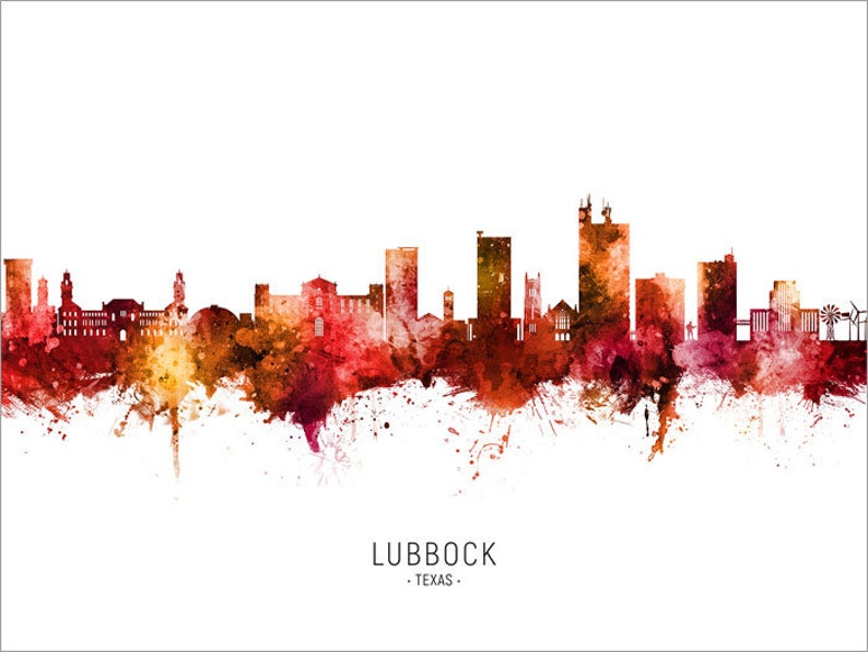 Lubbock Skyline Texas Cityscape Art Poster Print Blue Red | Etsy