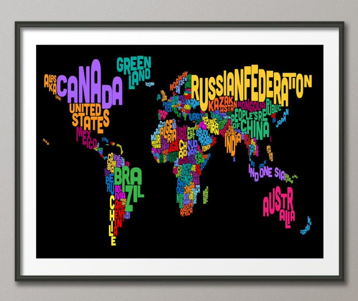 Typographic Text Map of the World Map Art Print 606 - Etsy UK