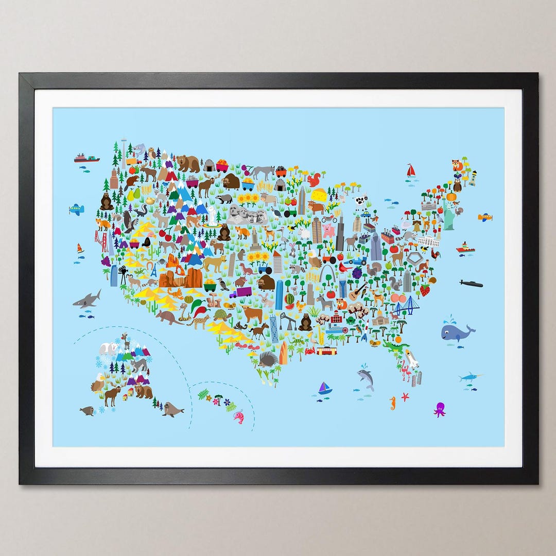 Animal Map of the United States, Map for Children and Kids, Art Print ...