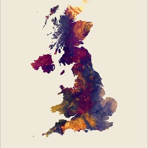 United Kingdom Map, Watercolour Art Print Poster, Colour, Black White ...