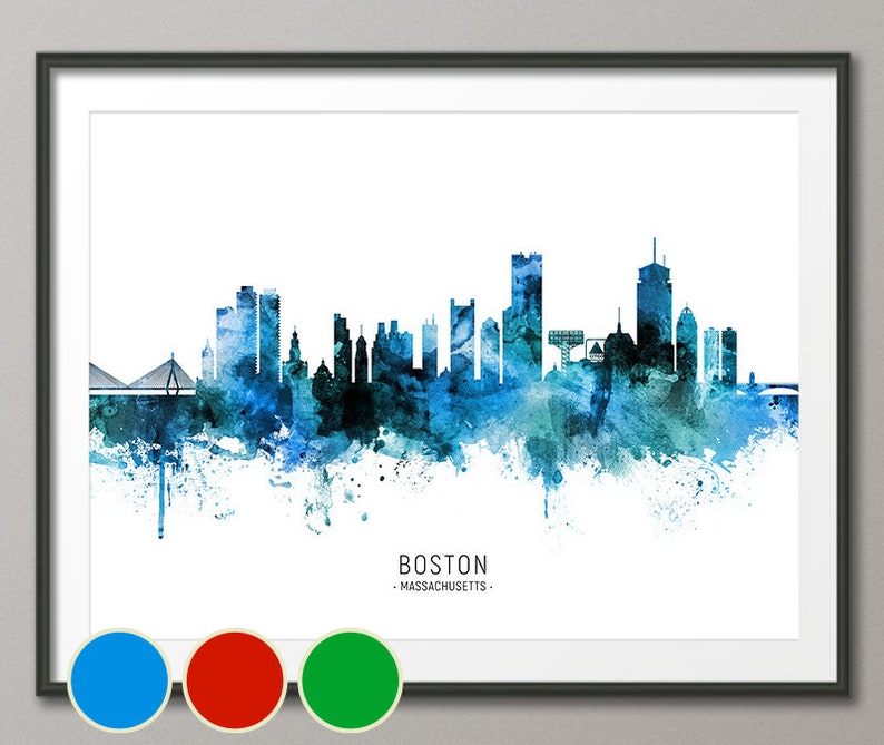 Boston Skyline Massachusetts Cityscape Art Poster Print Blue - Etsy