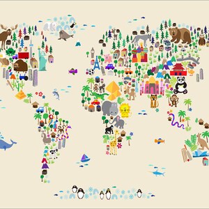 Animal Map of the World Map for children and kids Art Print | Etsy