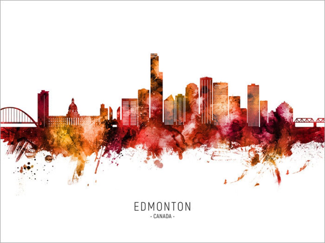 Edmonton Skyline Canada Cityscape Art Poster Print Blue Red | Etsy