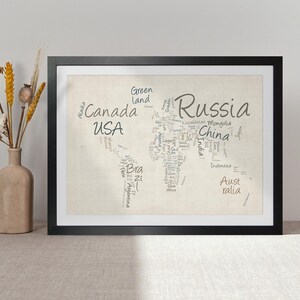 Writing Text Map of the World Map, Art Print (362) - Etsy