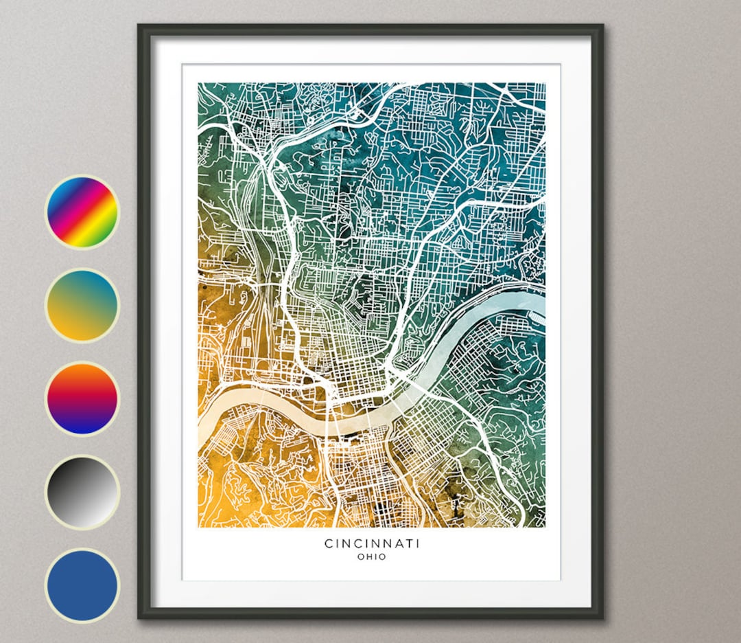 Cincinnati Map, Ohio City Map, Watercolour Art Print Poster (31243 ...