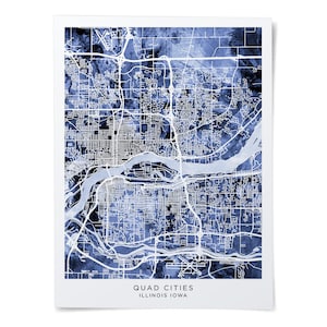 Quad Cities Map, Illinois Iowa City Map, Watercolour Art Print Poster ...