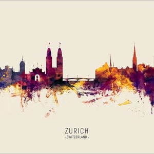 Zurich Skyline Switzerland, Cityscape Painting Art Print Poster LS ...