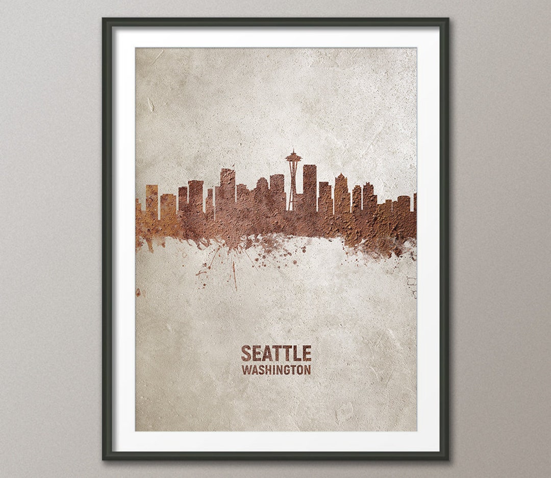Seattle Skyline Washington, Rust on Concrete Cityscape Art Print Poster ...