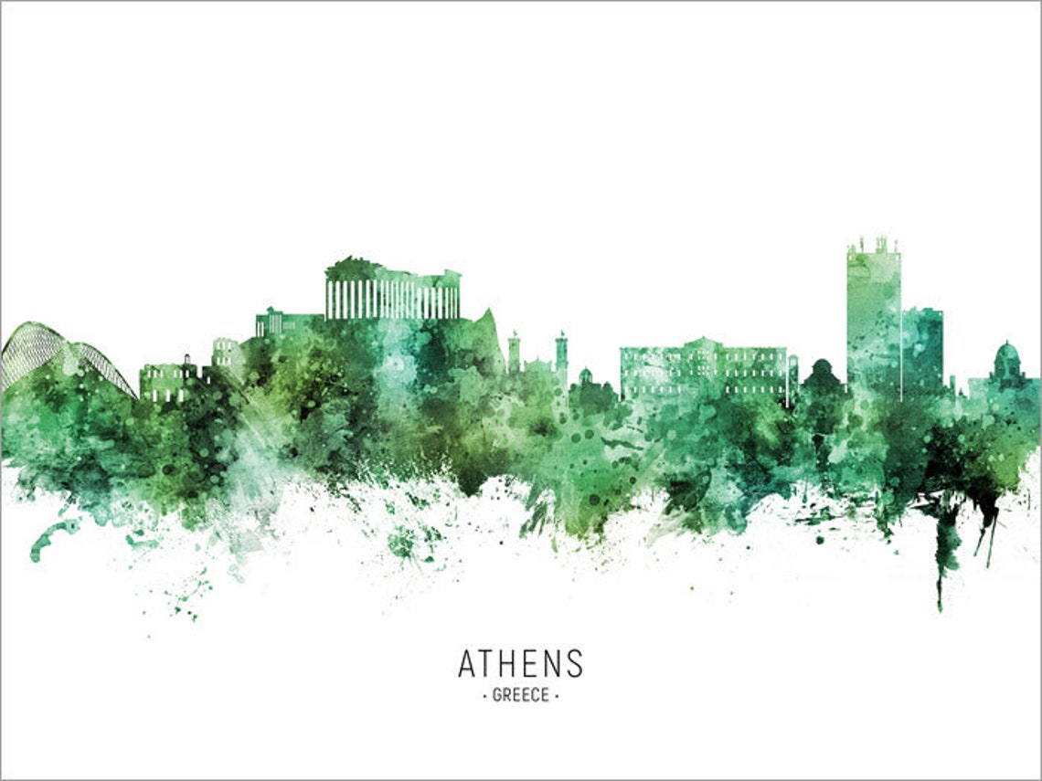 Athens Skyline Greece Cityscape Art Poster Print Blue Red | Etsy
