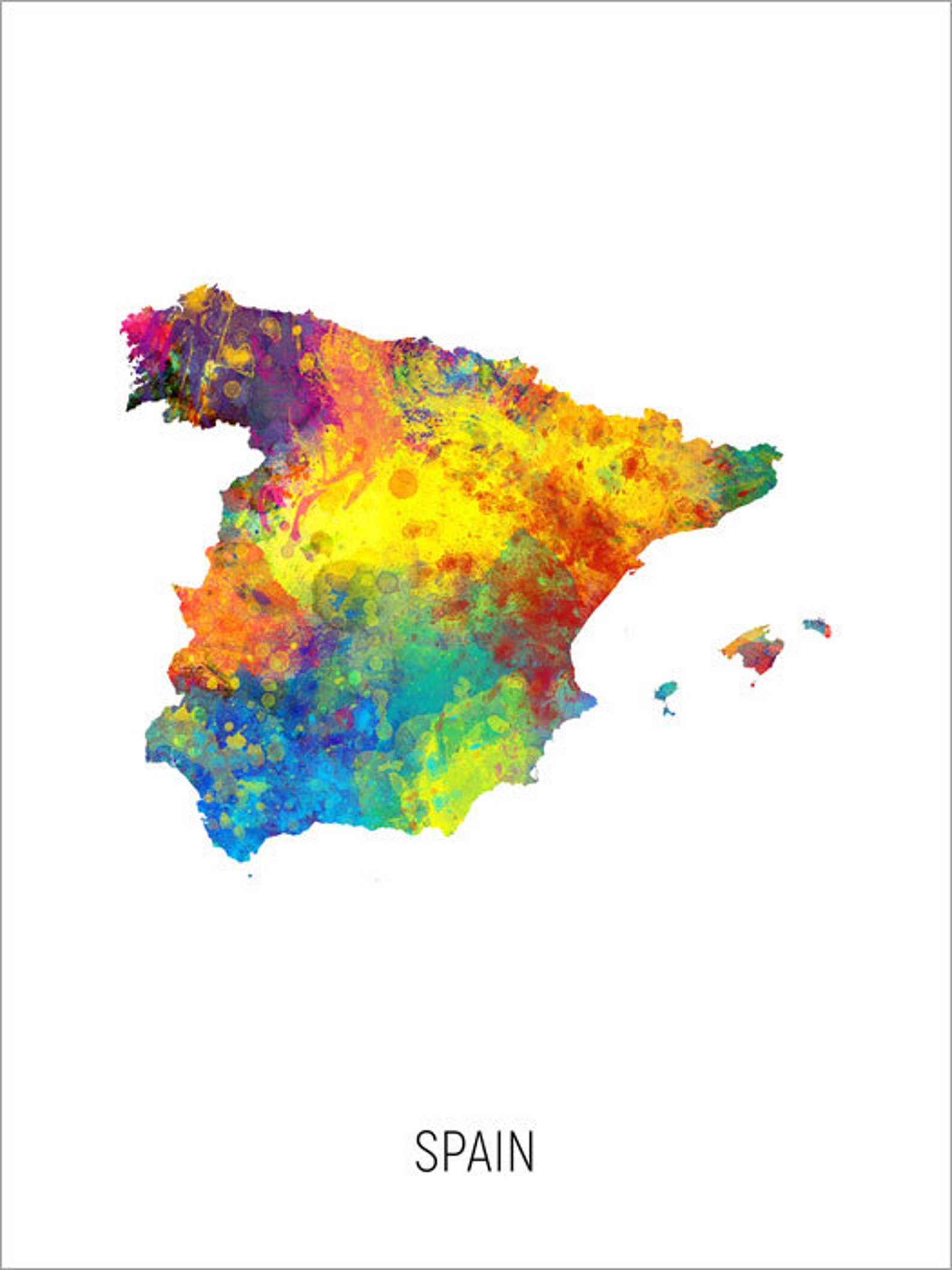 Spain Map Watercolour Art Print Poster Colour Black White - Etsy
