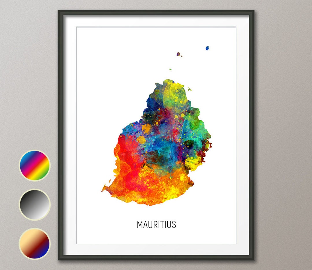 Mauritius Map, Watercolour Art Print Poster, Colour, Black White, Beige ...