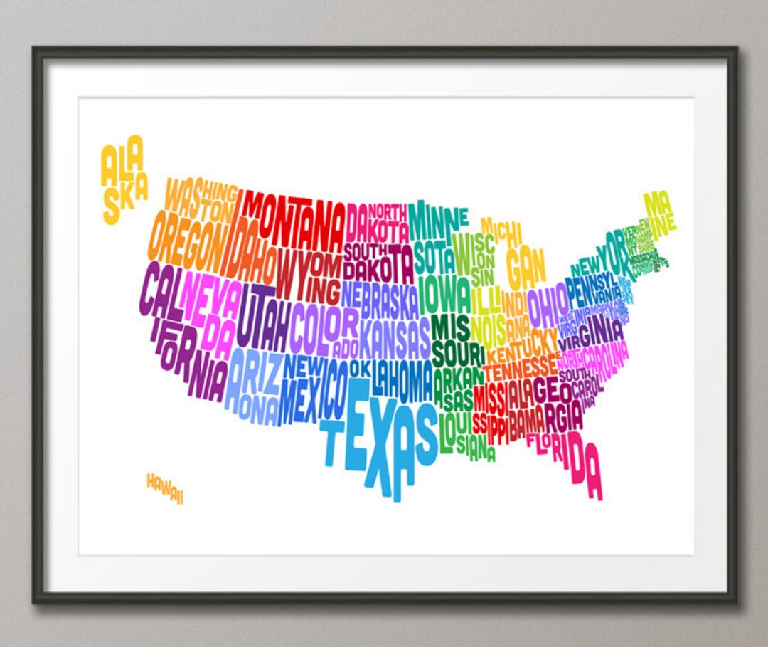 United States Typography Text Map, Art Print 209 - Etsy