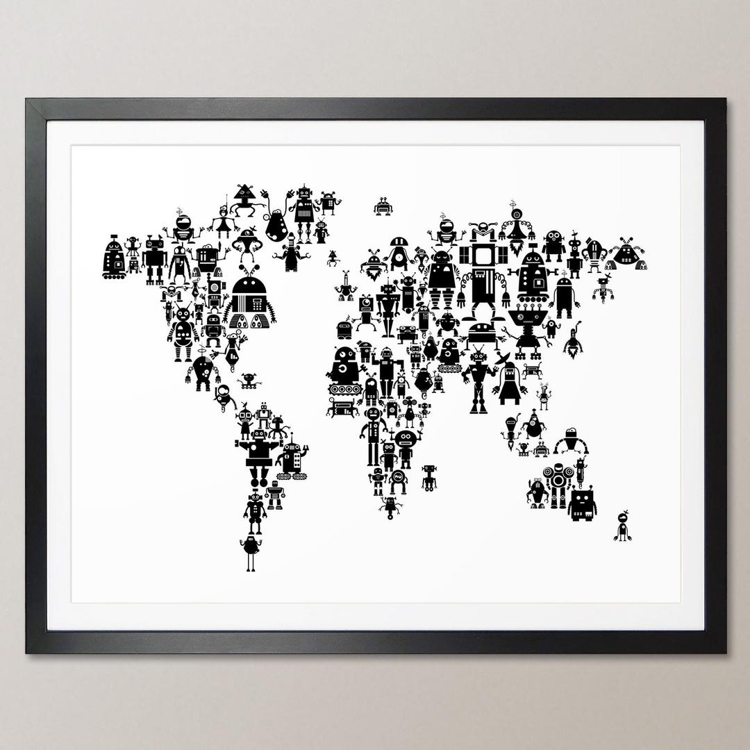 Robots Map of the World Map for Children and Kids, Art Print Poster ...