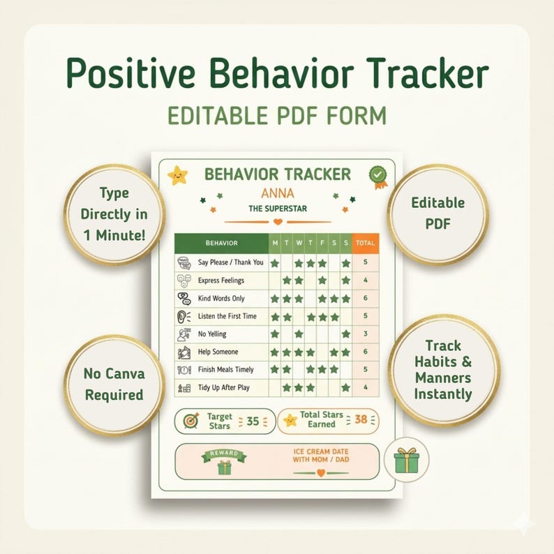 Fillable PDF Behavior Tracker | Editable Reward Chart No Canva Needed ...