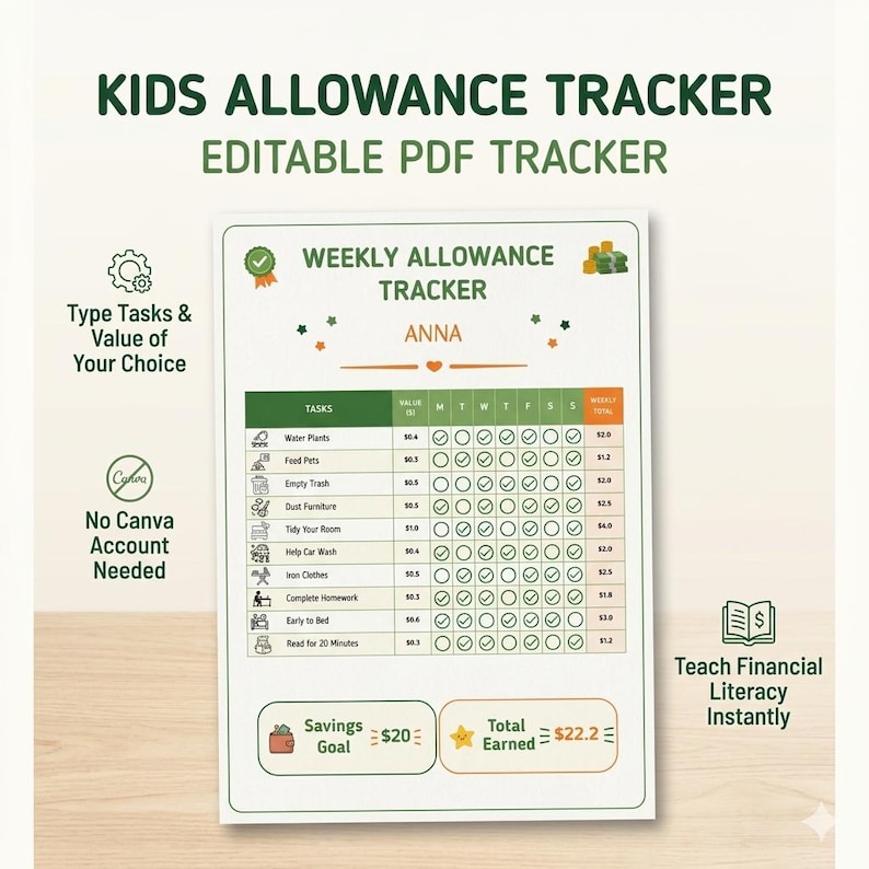Fillable PDF Allowance & Responsibility Chart for Kids | Printable Teen ...