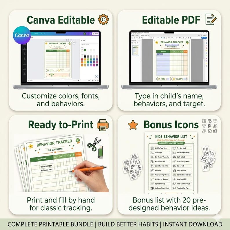 Fillable PDF Behavior Tracker | Editable Reward Chart No Canva Needed ...