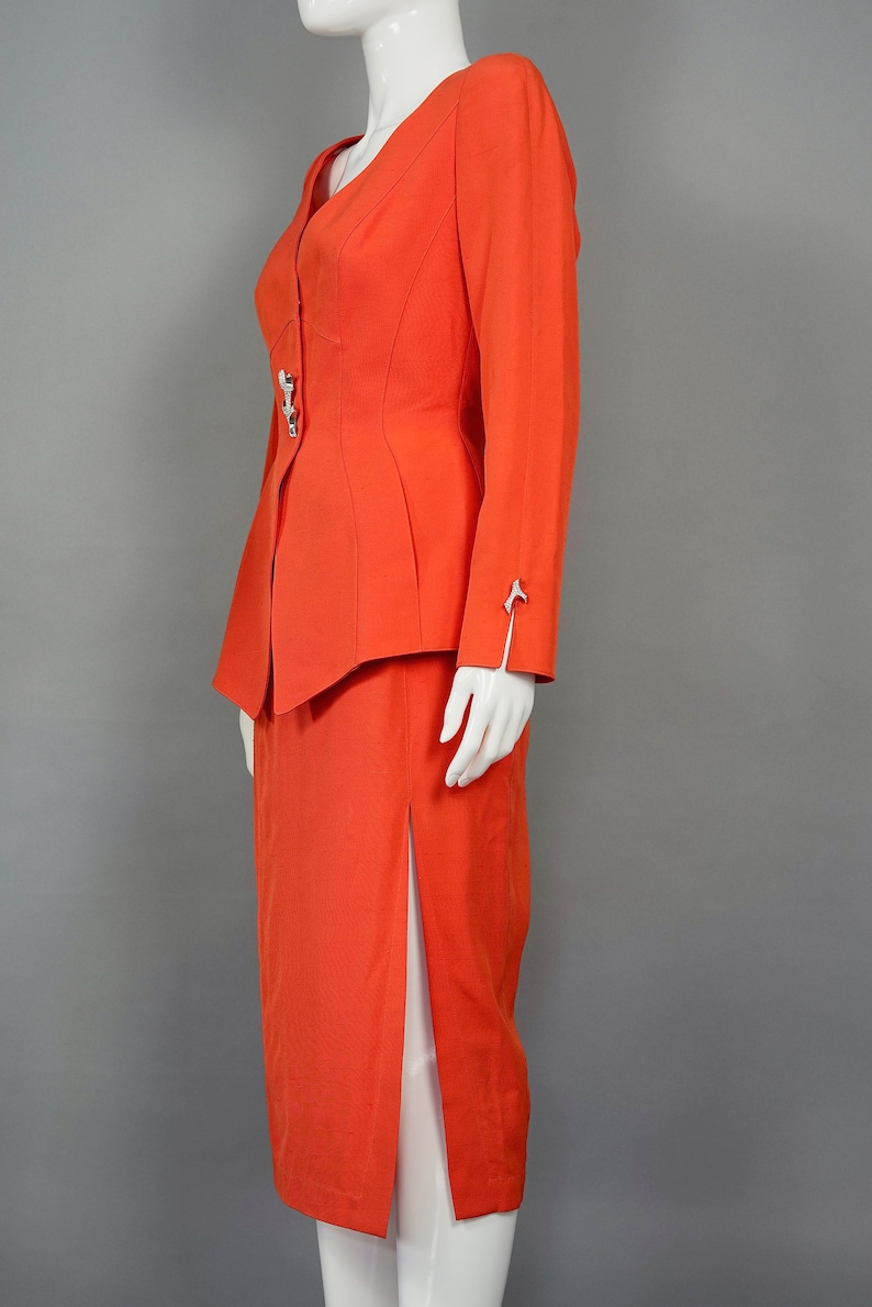Vintage THIERRY MUGLER Silk Jeweled Coral Button Orange Jacket Skirt ...