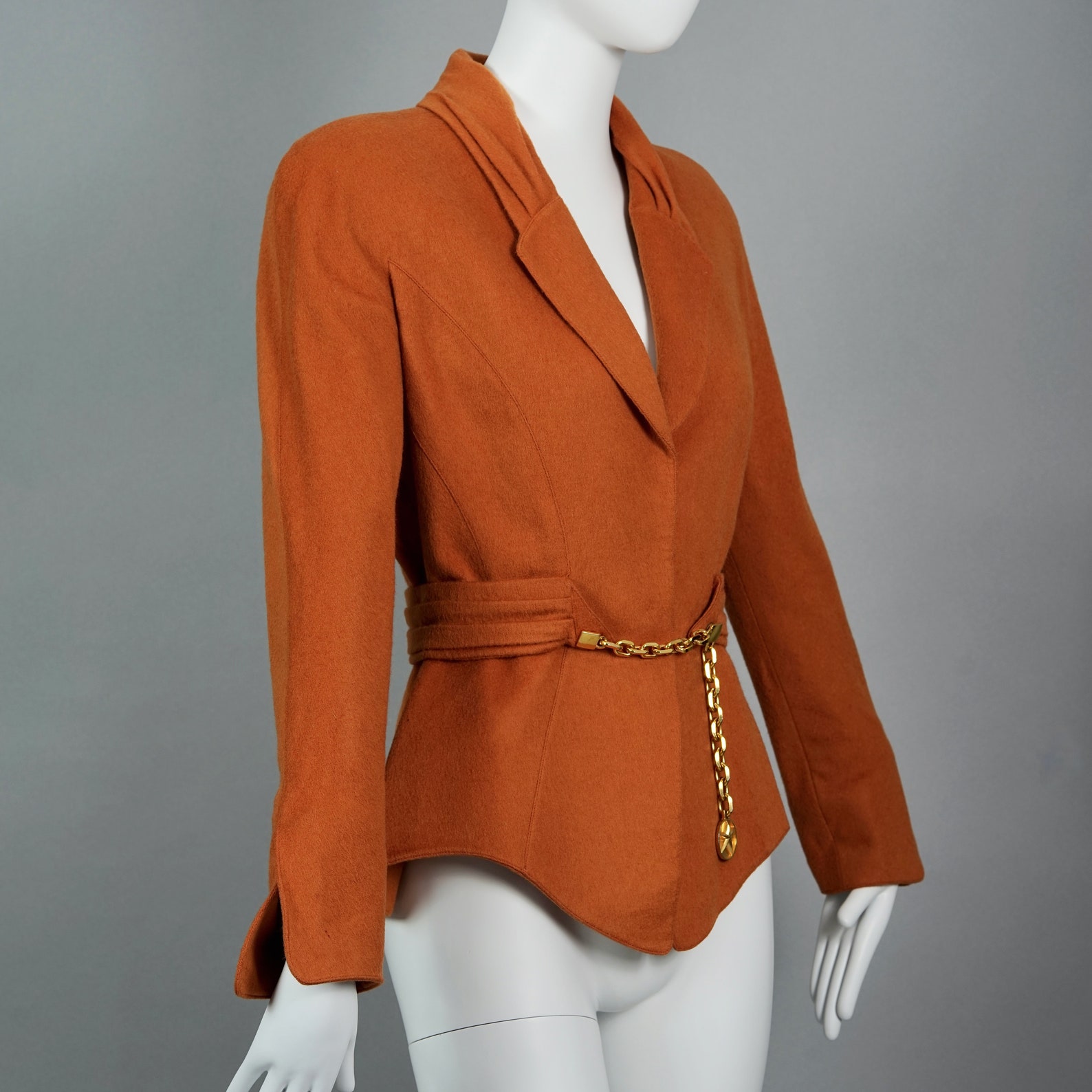 Vintage THIERRY MUGLER Structured Belted Chain Burnt Orange Wool Jacket ...