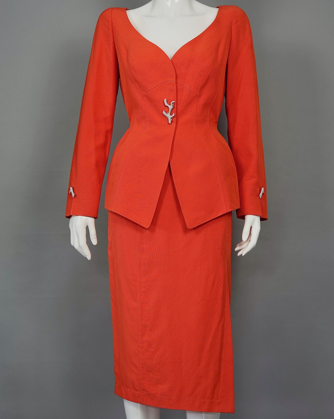 Vintage THIERRY MUGLER Silk Jeweled Coral Button Orange Jacket Skirt ...