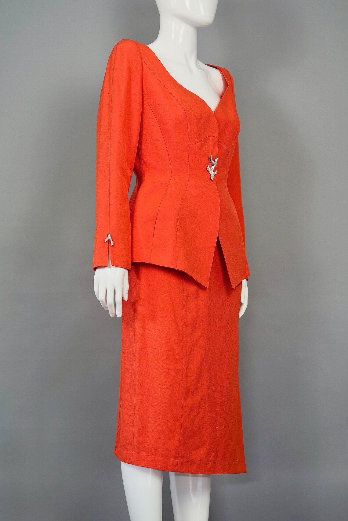 Vintage THIERRY MUGLER Silk Jeweled Coral Button Orange Jacket Skirt ...