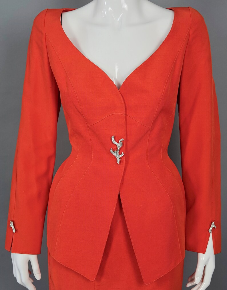 Vintage THIERRY MUGLER Silk Jeweled Coral Button Orange Jacket Skirt ...