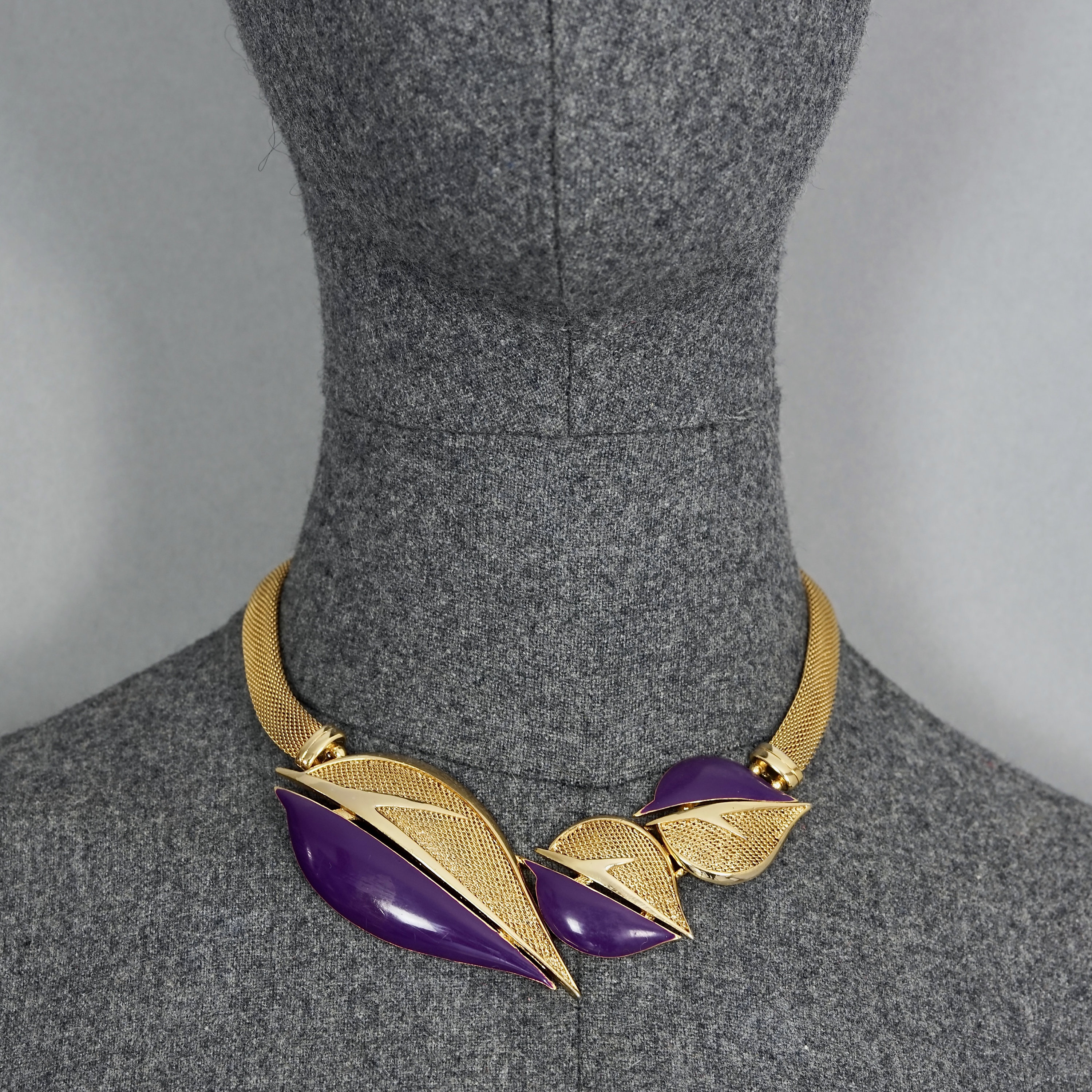 Vintage BALENCIAGA Violet Enamel Leaves Mesh Choker Necklace Vintage BALENCIAGA Violet Enamel Leaves Mesh Choker Necklace