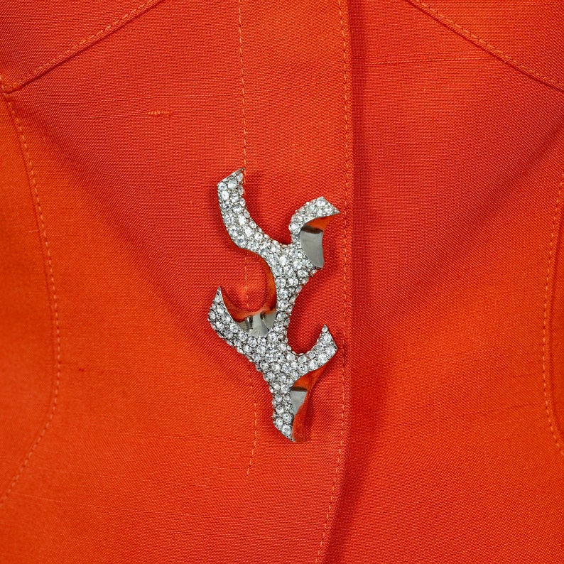 Vintage THIERRY MUGLER Silk Jeweled Coral Button Orange Jacket Skirt ...