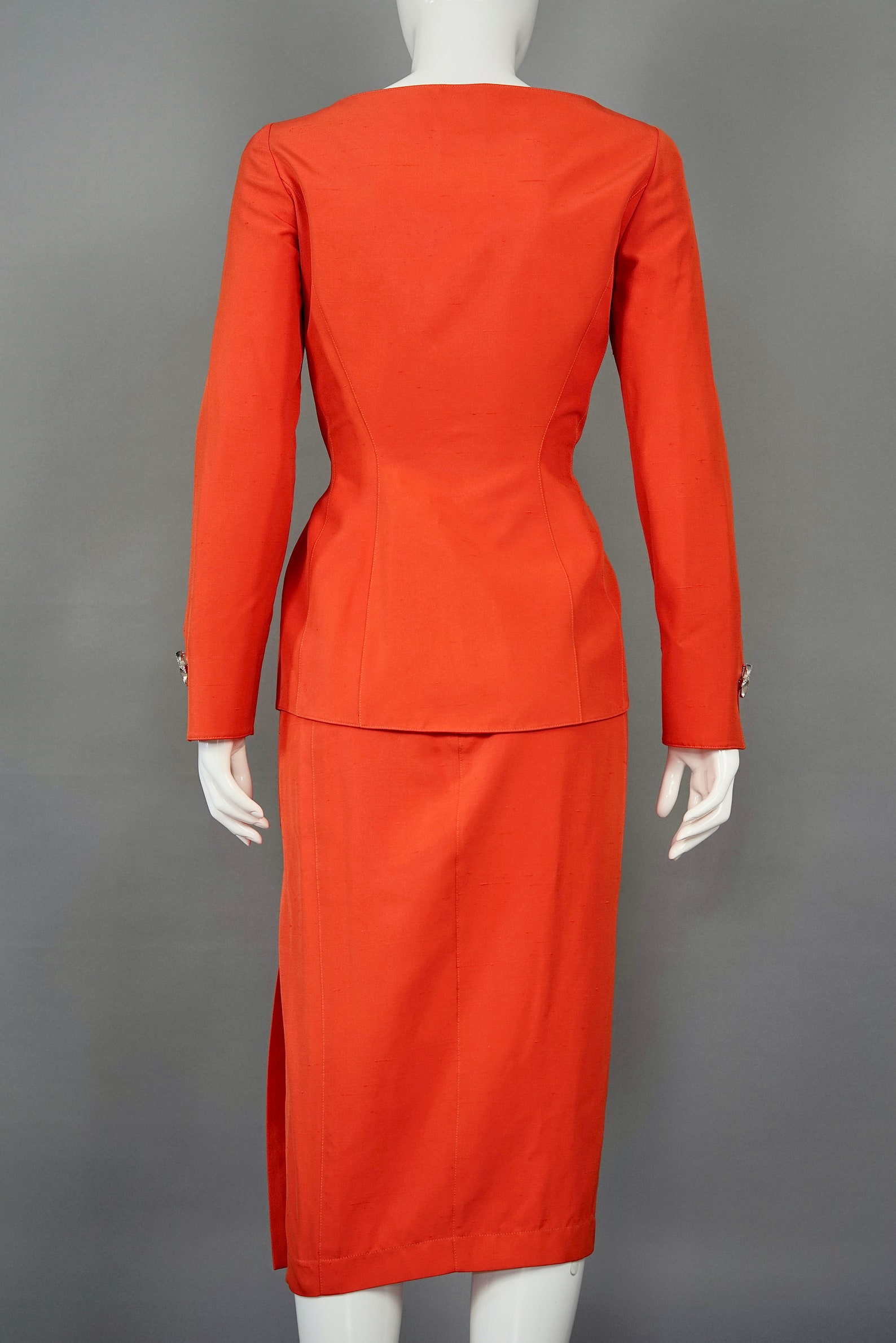 Vintage THIERRY MUGLER Silk Jeweled Coral Button Orange Jacket Skirt ...
