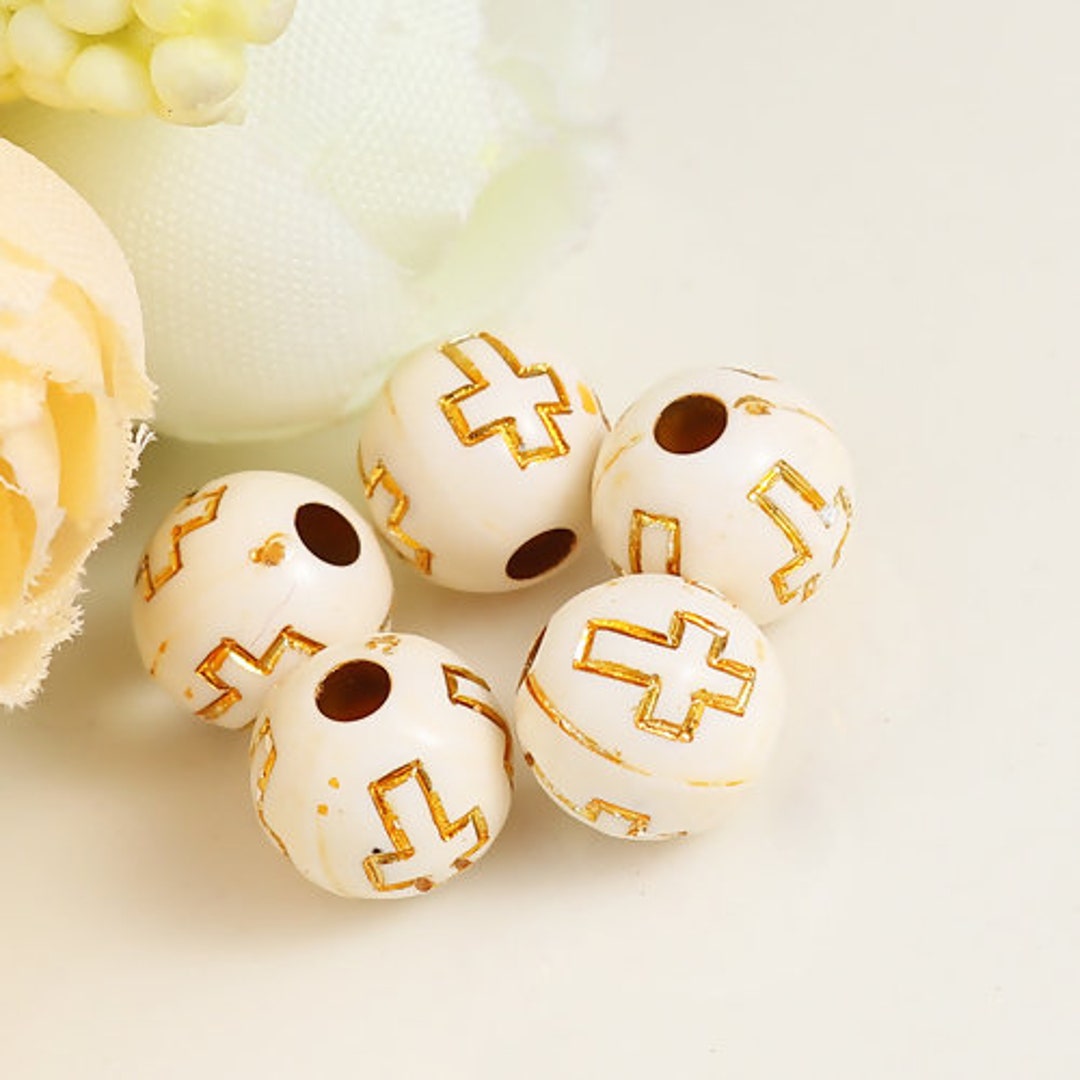 50 Cross Beads Round Christian Bead Cream Bead Gold Cross 8mm Plastic ...