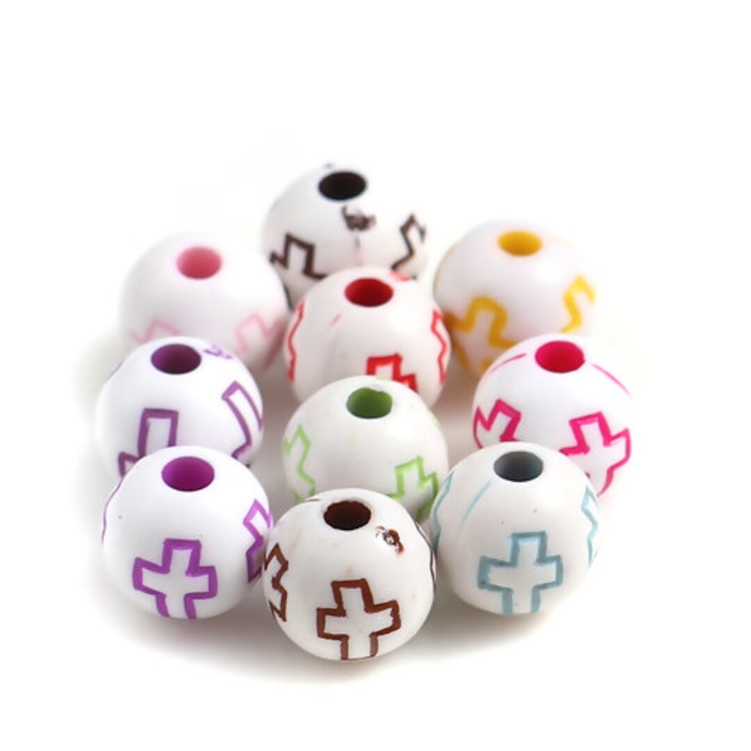 100 Cross Beads Round Christian Bead White Bead Multi-color Cross Mix ...