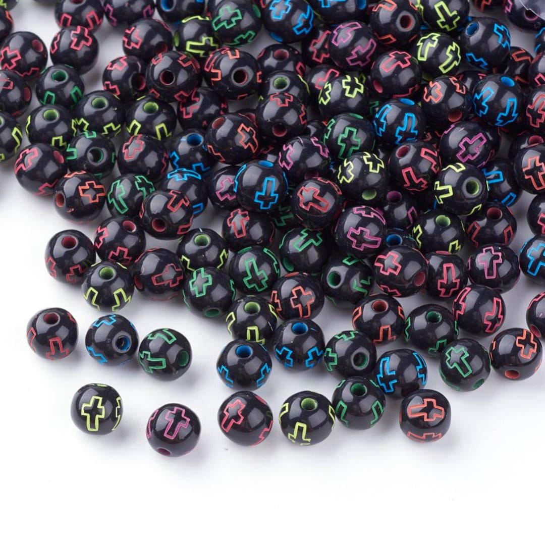 100 Cross Beads Round Christian Bead Black Bead Multi-color Cross Mix ...