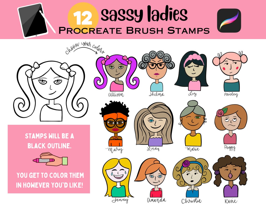 Sassy Girl Procreate Stamp Brushes - Black Outline Cartoon Girl Lady ...